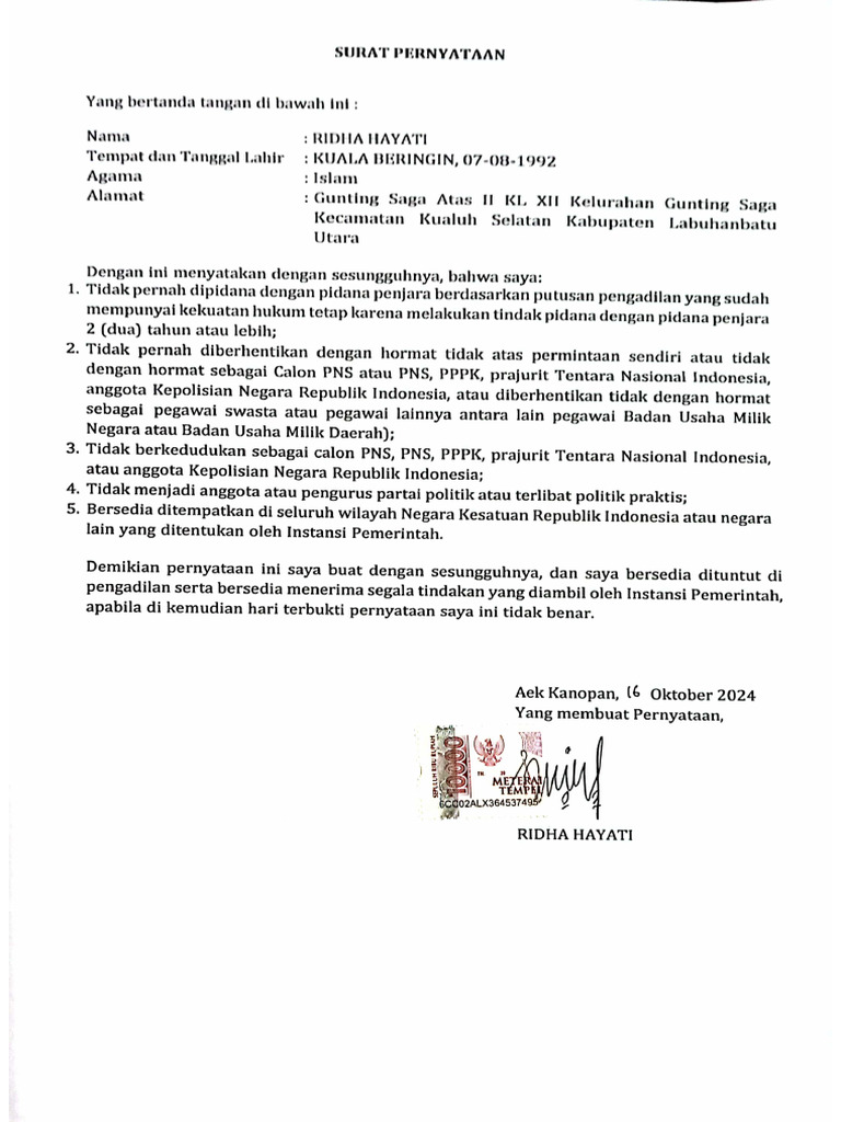 Surat Pernyataan Rida | PDF