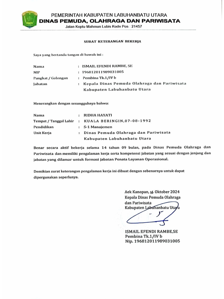 Surat Keterangan Bekerja Rida | PDF