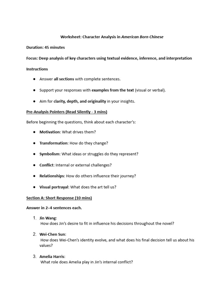 Worksheet Character Analysis in American Born Chinese | PDF ...
