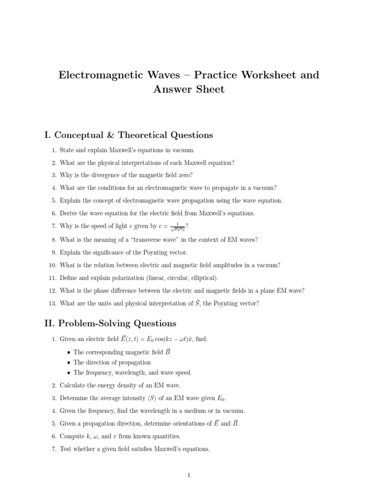 Electromagnetic Waves Worksheet & Answers | PDF | Waves | Polarization ...