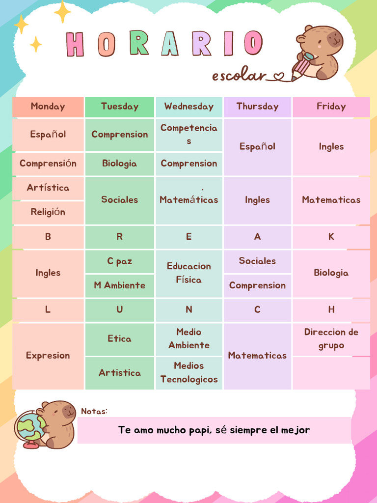 Horario Escolar Capibara Ilustrado Infantil Colorido | PDF