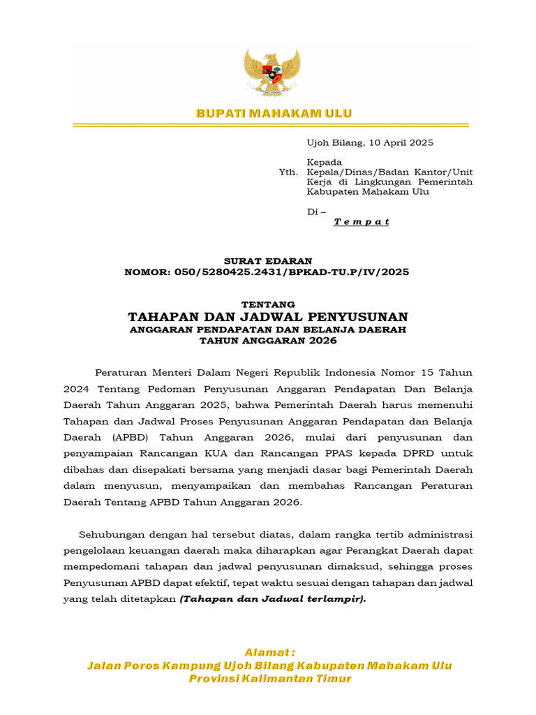 Surat Edaran Tahapan Dan Jadwal Penyusunan APBD 2026 | PDF