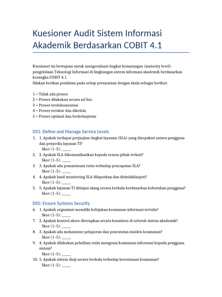Kuesioner Audit SI COBIT41 | PDF