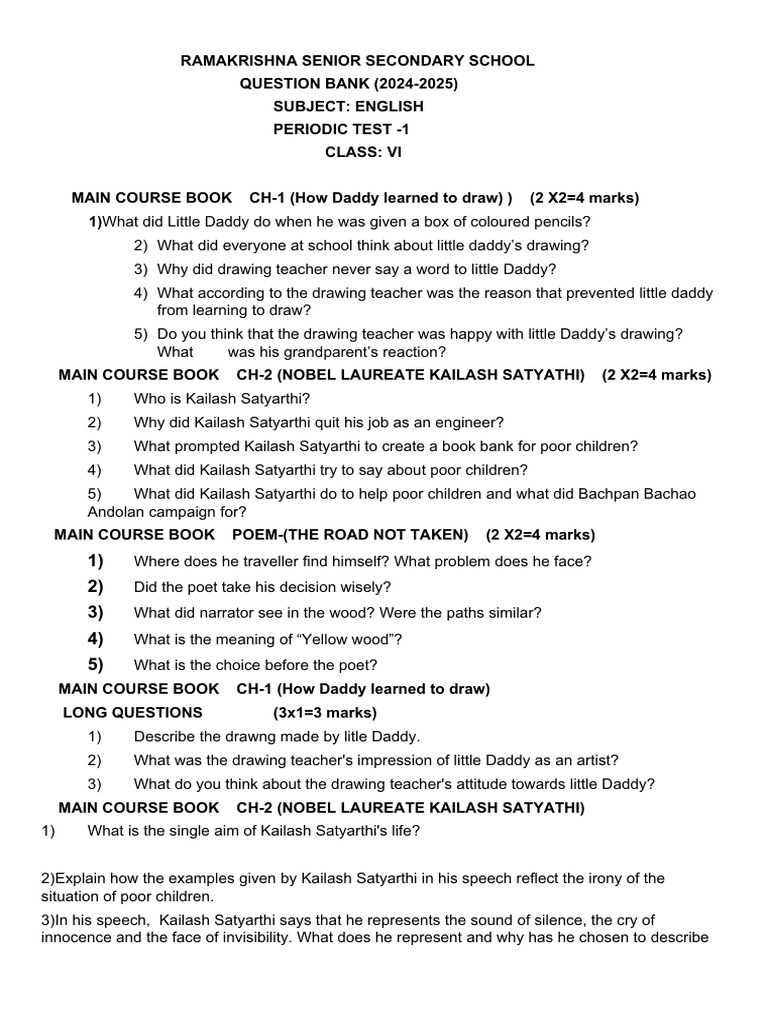 Class 6 English Question Bank 2024-25 | PDF | Dalit | Comet