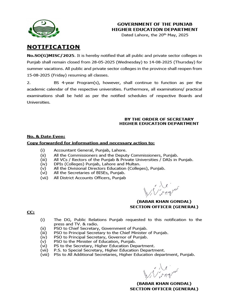 Notification - Summer Vacations - 20052025 | PDF