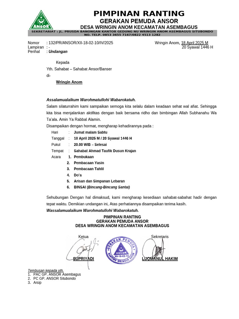 Undangan Acara Ansor Wringin Anom | PDF