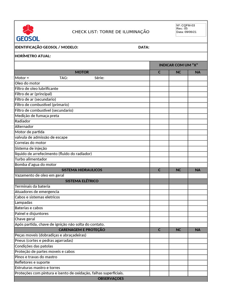CQFM-03 - Check List - Torre de Iluminação - R5 | PDF