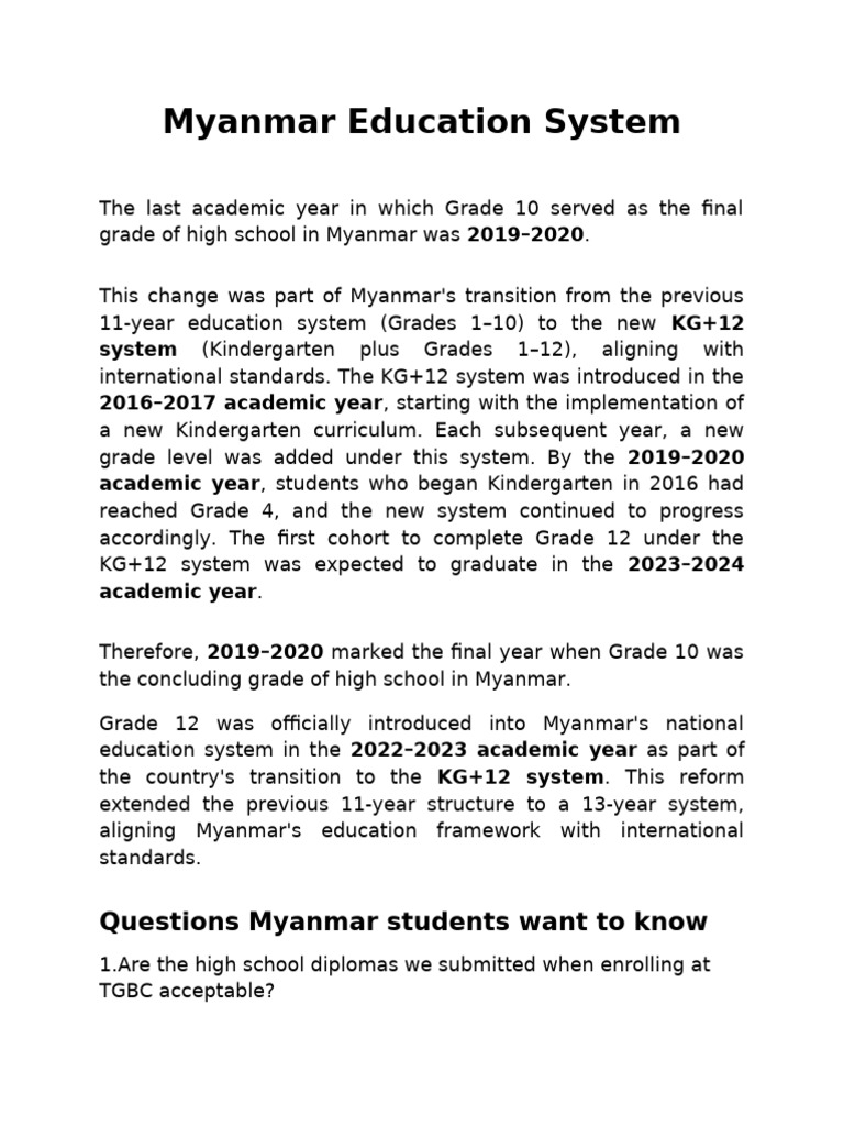 Myanmar's New KG+12 Education System | PDF