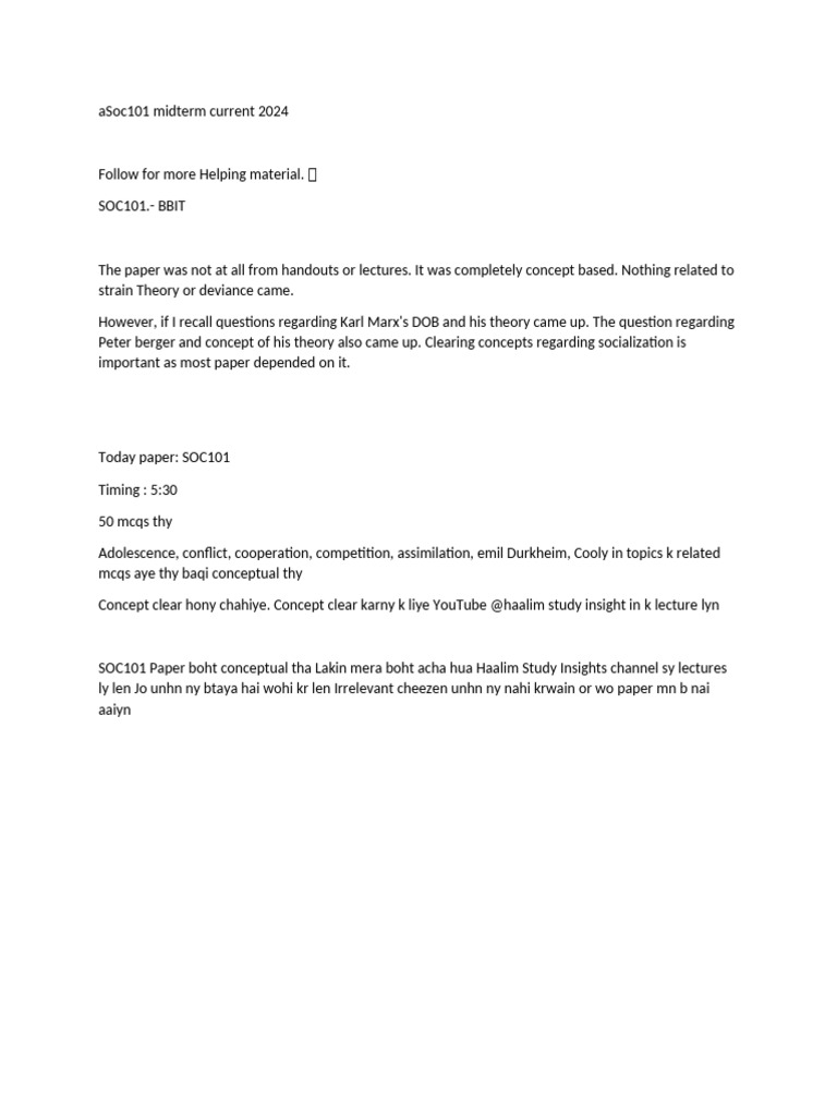 Soc101 Midterm Current 2024 | PDF
