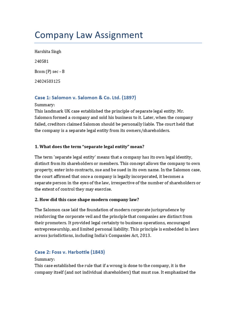 Harshita Singh 240581 Company Law | PDF | Legal Liability | Piercing The Corporate Veil