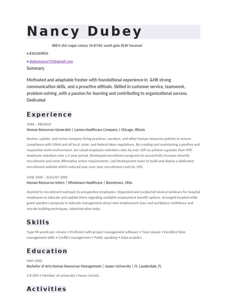 Nancy Dubey: HR Generalist Resume | PDF