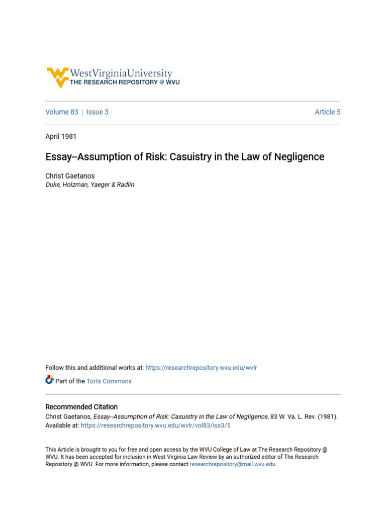 Essay--Assumption of Risk_ Casuistry in the Law of Negligence | PDF ...