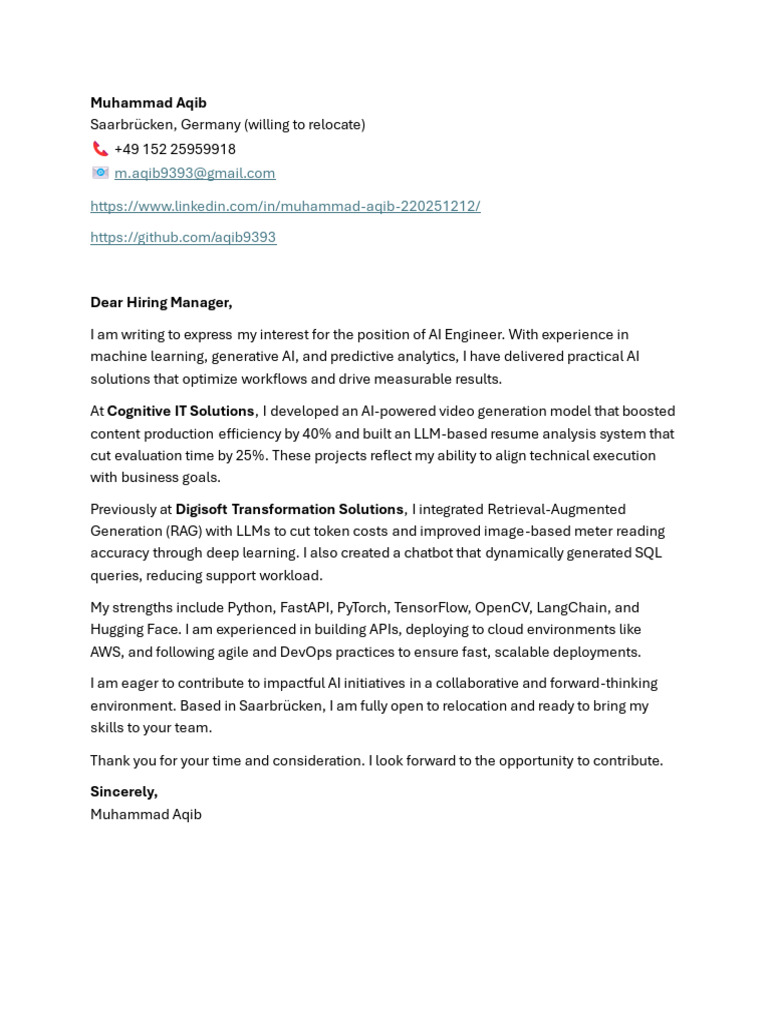 AI Engineer Cover Letter | PDF