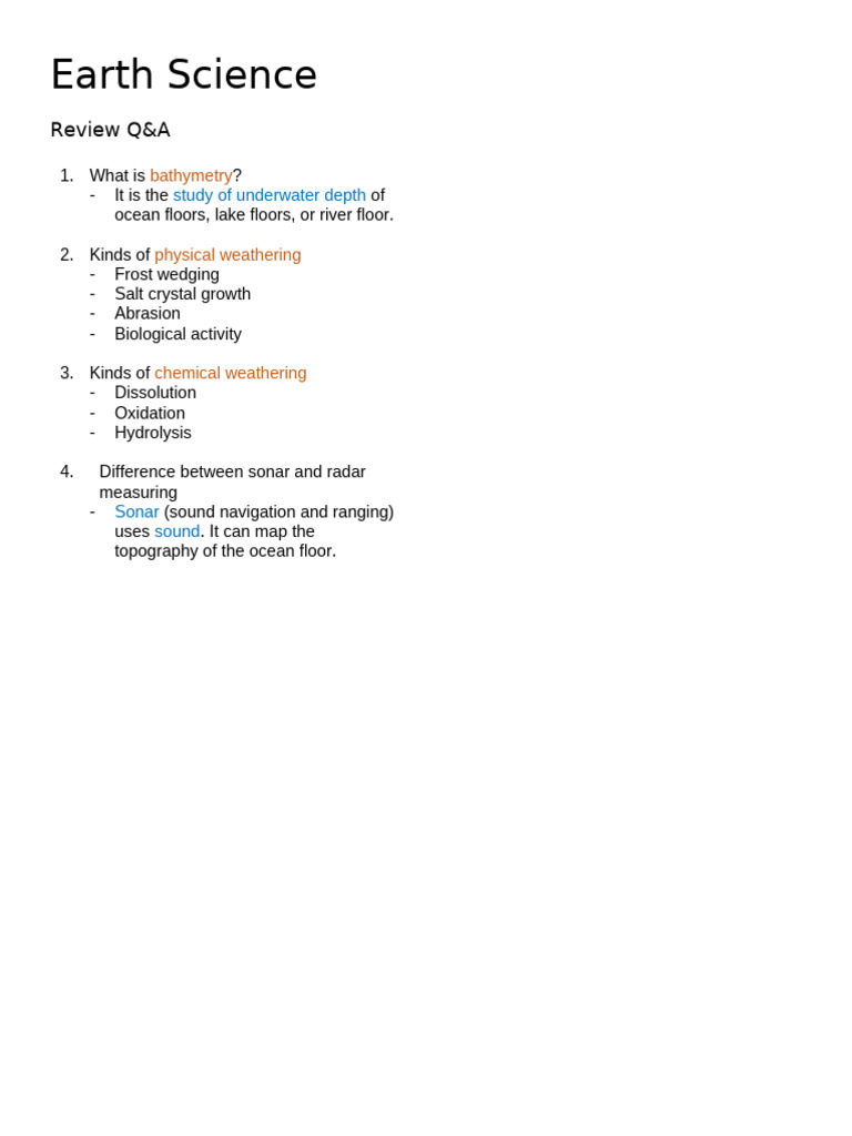 Earth Science Review: Bathymetry & Weathering | PDF