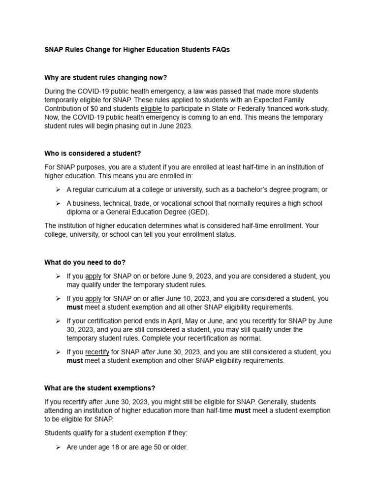 SNAP Rules Change for Higher Education Students FAQs | PDF ...