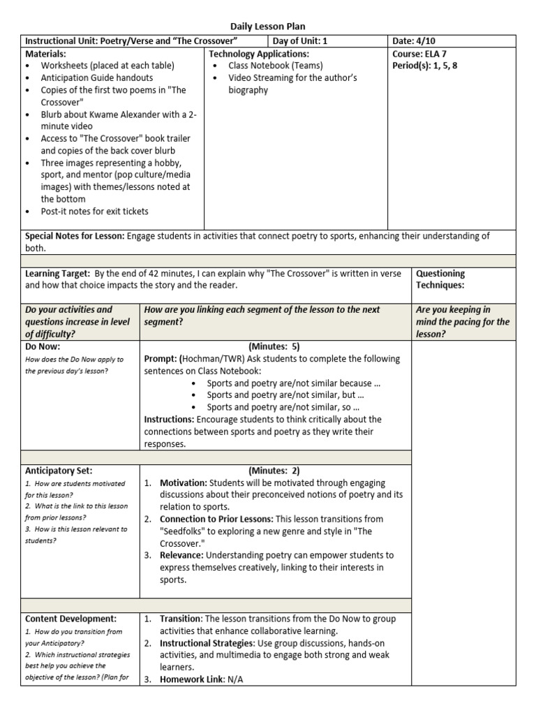 Crossover Poetry Lesson Plan | PDF | Lesson Plan | Poetry