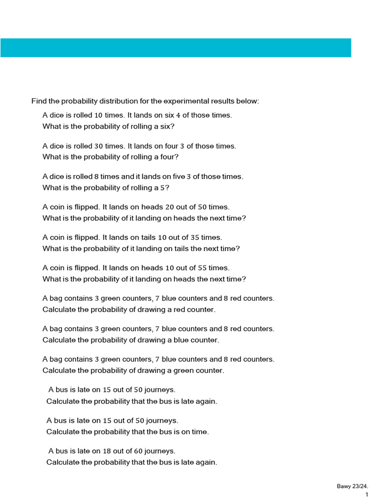 Experimental Probability Worksheet | PDF | Probability | Probability ...