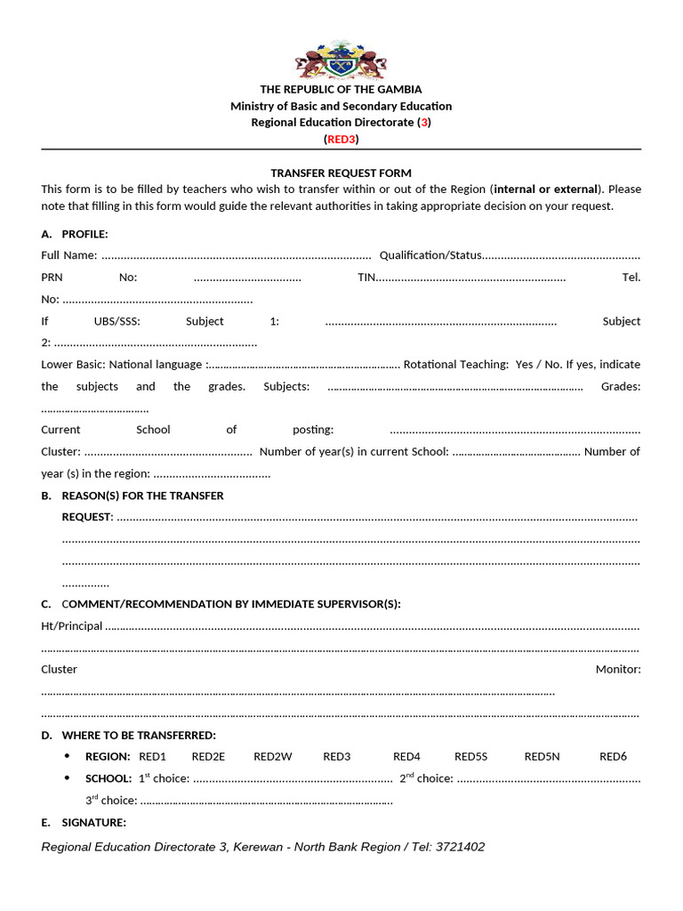 Gambia Teacher Transfer Request Form | PDF