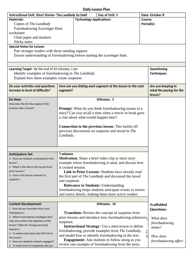 COPY Lesson Plan - Foreshadowing in The Landlady | PDF | Learning | Cognition