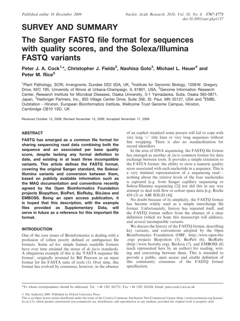 The Sanger Fastq File Format For Sequences Pdf Ascii String Computer Science