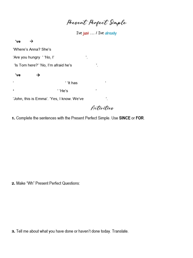 Present Perfect Simple Already Just | PDF