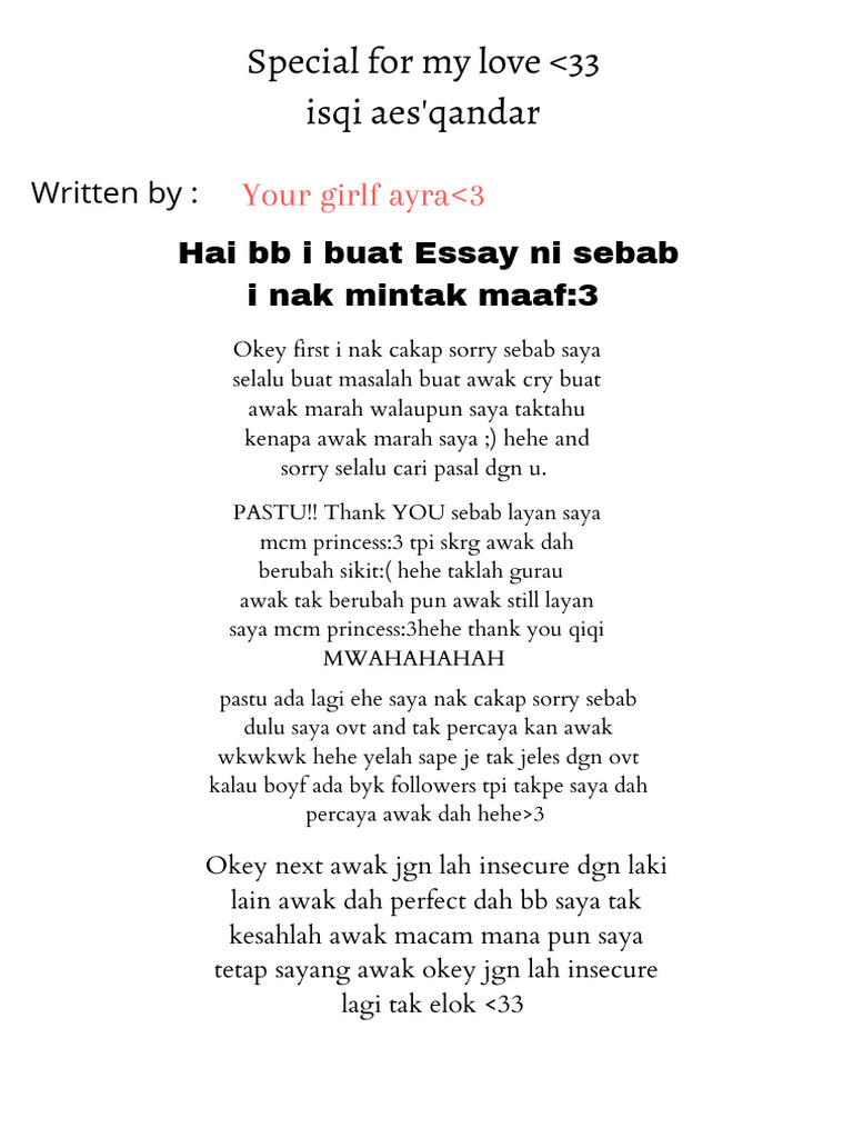 Hai BB I Buat Essay Ni Sebab I Nak Mintak Maaf:3: Your Girlf Ayra 3 | PDF