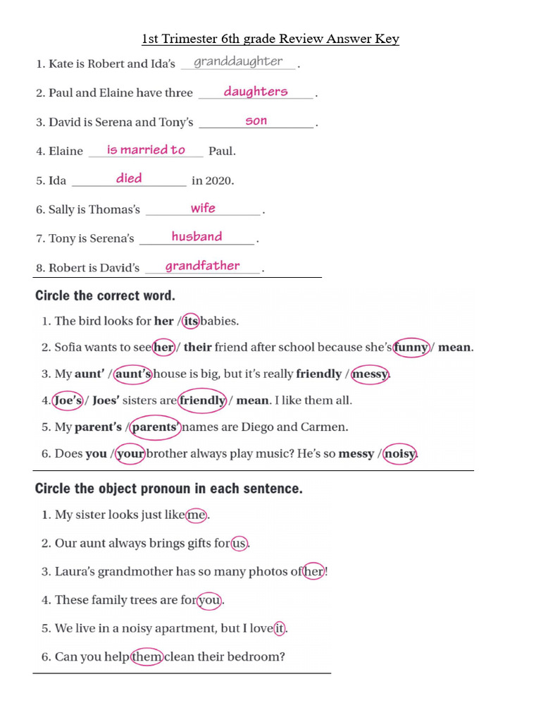1st Trimester 6th grade Review Answer Key | PDF