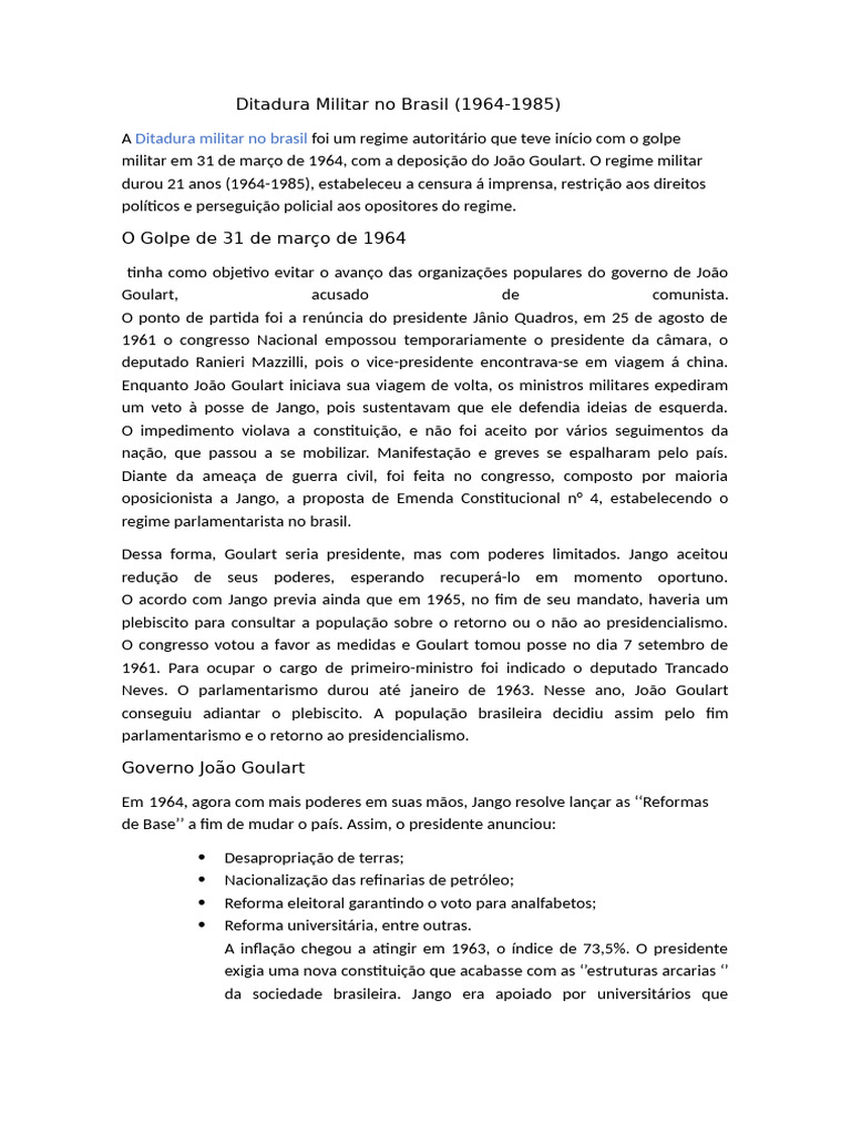 Ditadura Militar no Brasil: 1964-1985 | PDF | Governo