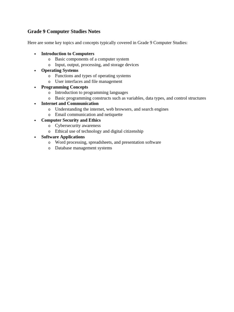 Grade 9 Computer Studies Notes | PDF