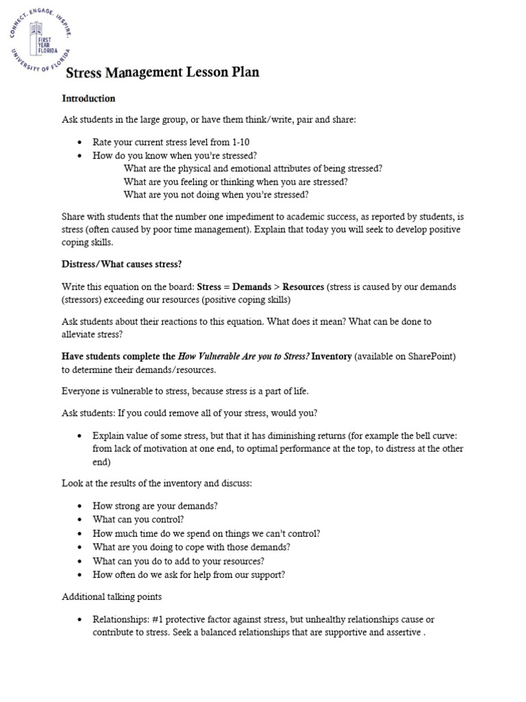 Stress Management Lesson Plan | PDF | Stress (Biology) | Stress Management