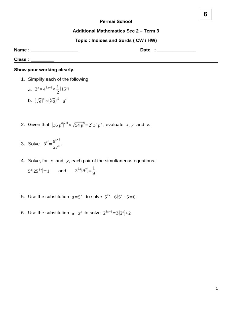 Indices and Surds Worksheet | PDF