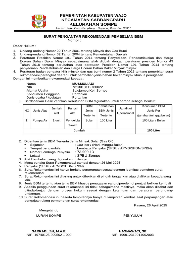 REKOMENDASI BBM SOMPE | PDF