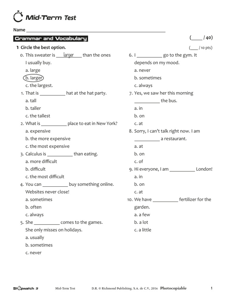 Mid-Term Test: Grammar & Vocabulary | PDF