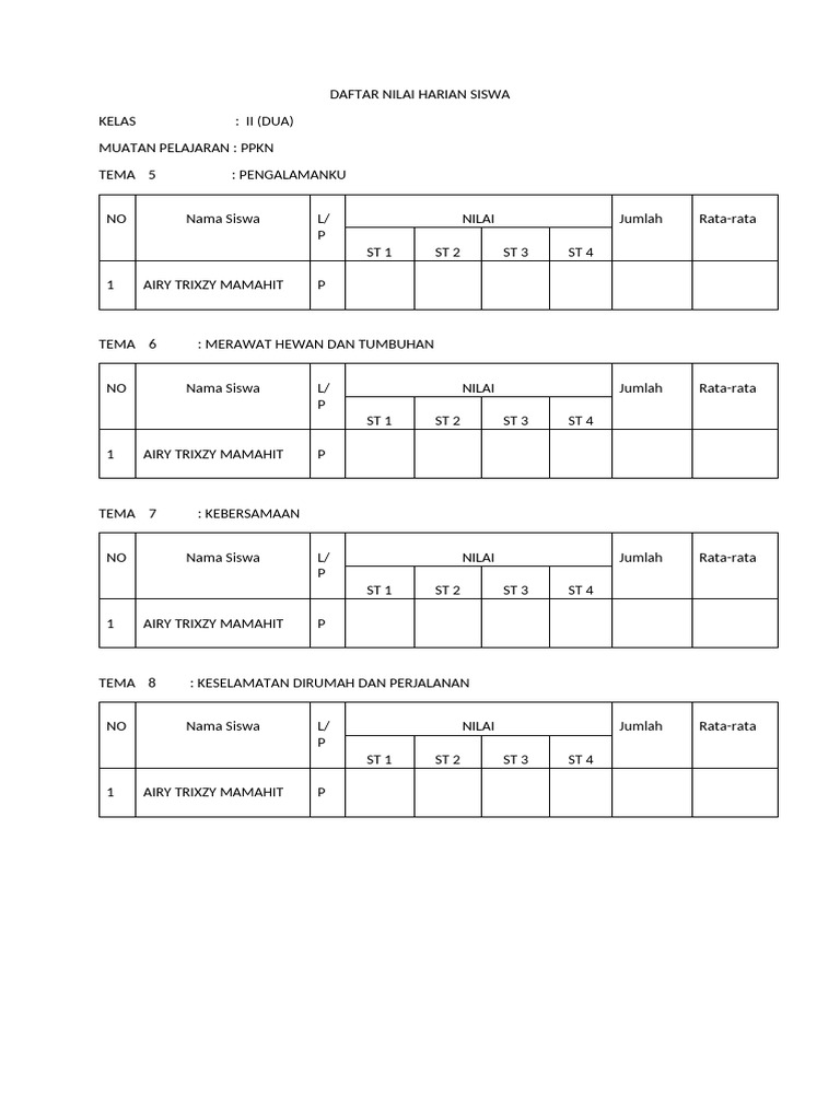 Daftar Nilai Harian Siswa Pdf