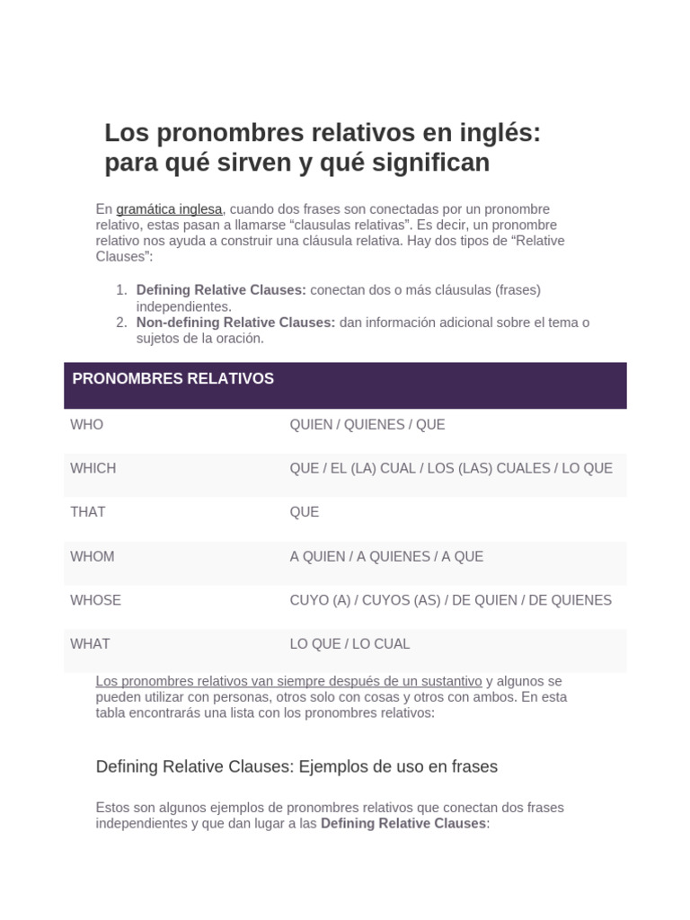 Los Pronombres Relativos en Inglés | PDF | Pronombre | Relaciones ...