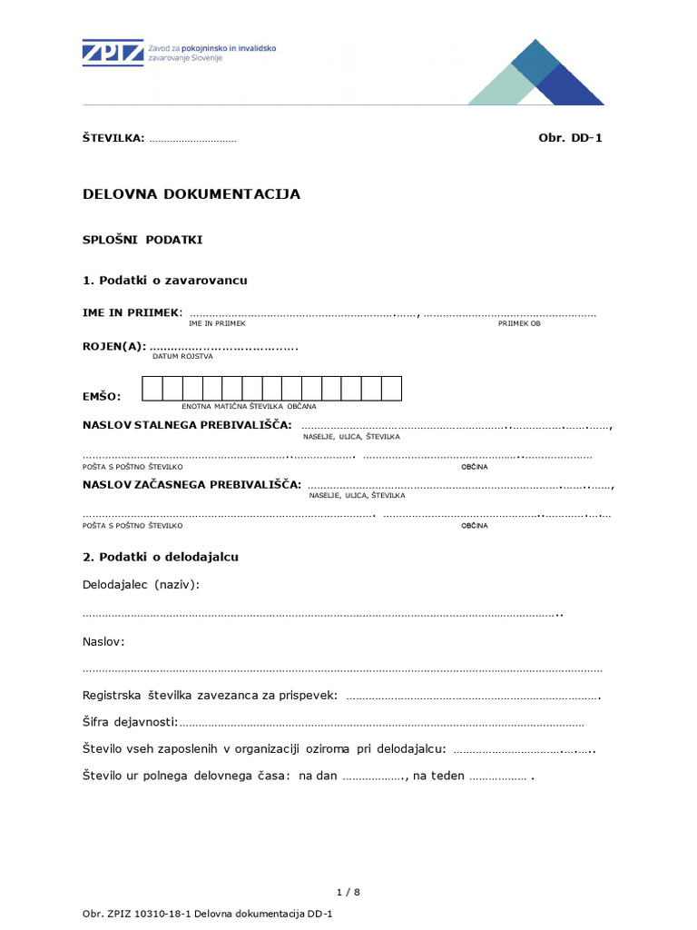 ZPIZ - Delovna Dokumentacija (Obr. DD-1) | PDF