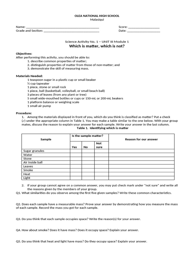 Science Activity - Unit III Module 1 | PDF | Matter
