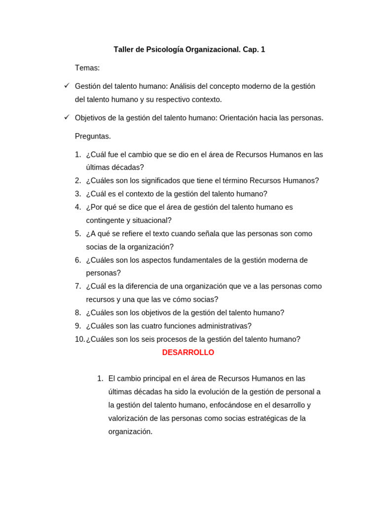 2.taller - Cap. 1.organizacional | PDF | Gestión del talento | Gestión de recursos humanos