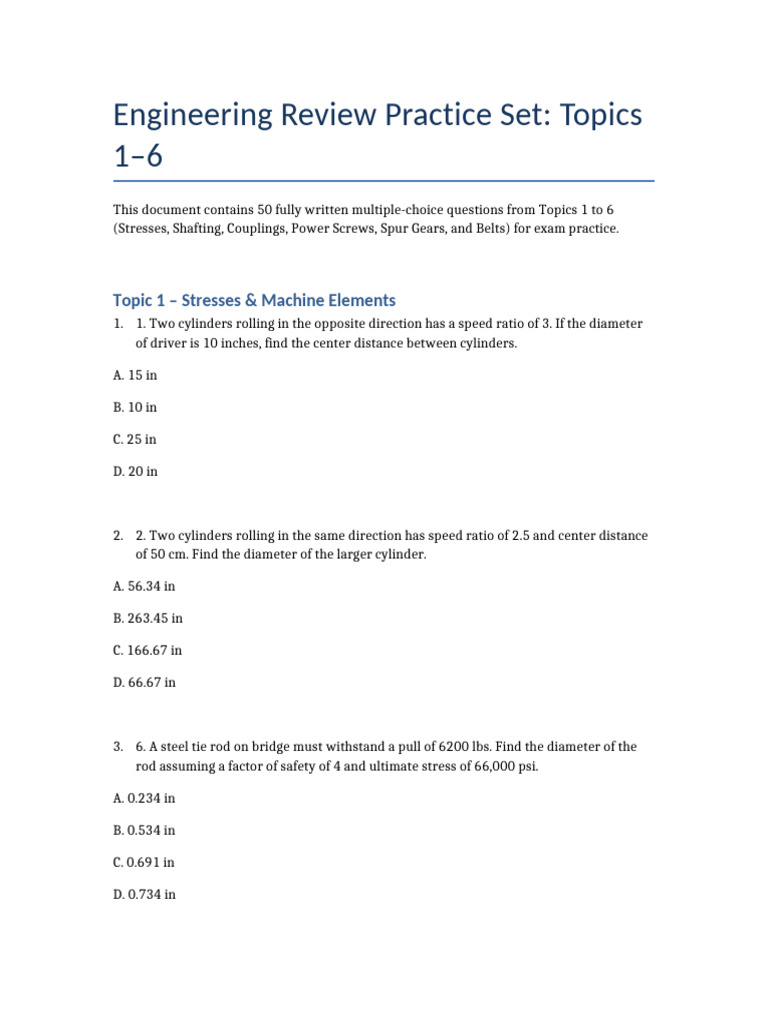 Full 50 Engineering Review Practice Questions Topics 1 To 6 | PDF ...
