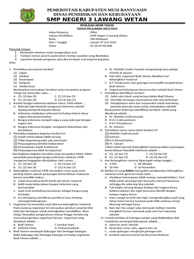 Naskah Soal PAT PPKN Kls 8 - 2022 | PDF