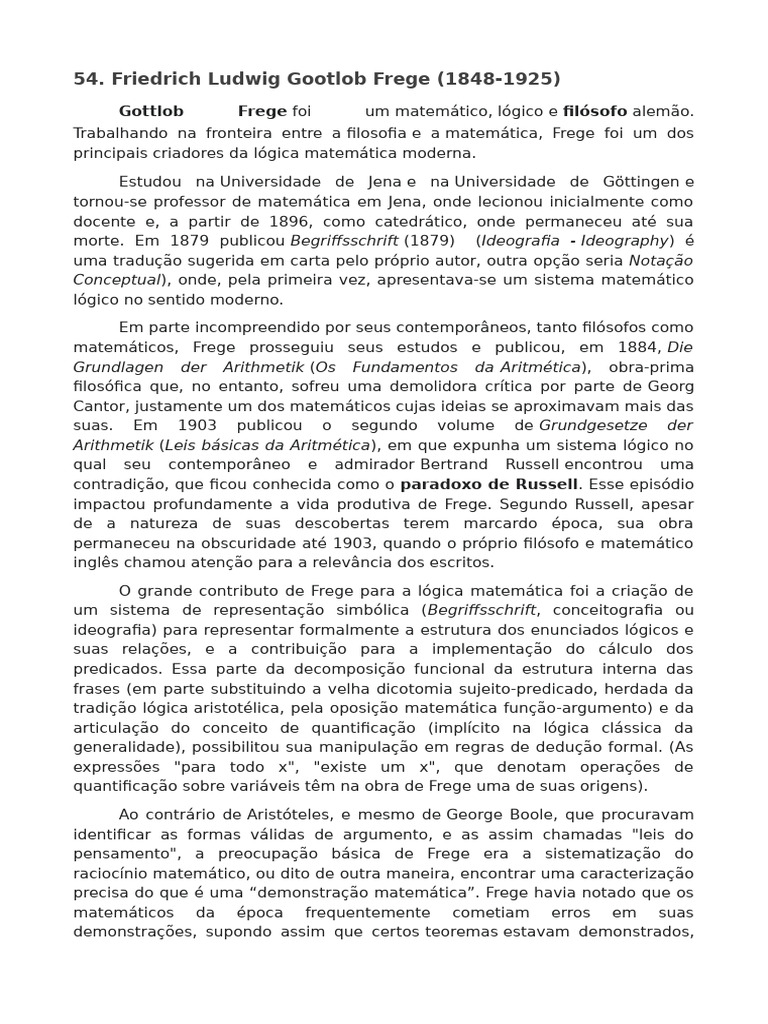Friedrich Ludwig Gootlob Frege | PDF | Gottlob Frege | Lógica