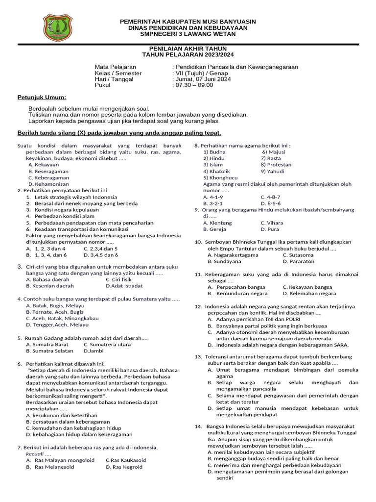 Soal Pat PPKN Kls 7 Genap 2022 | PDF