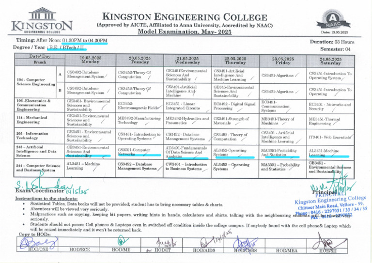 II B.E.-btech Model Examination Schedule | PDF