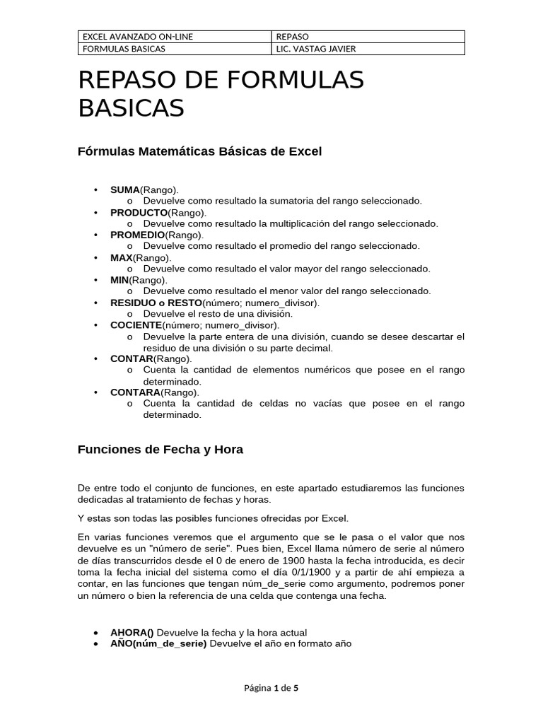 FORMULAS DE REPASO - TEORIA BASICA | PDF | Hoja de cálculo | Matemáticas