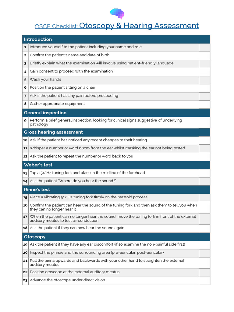 OSCE Checklist Otoscopy and Hearing Assessment | PDF