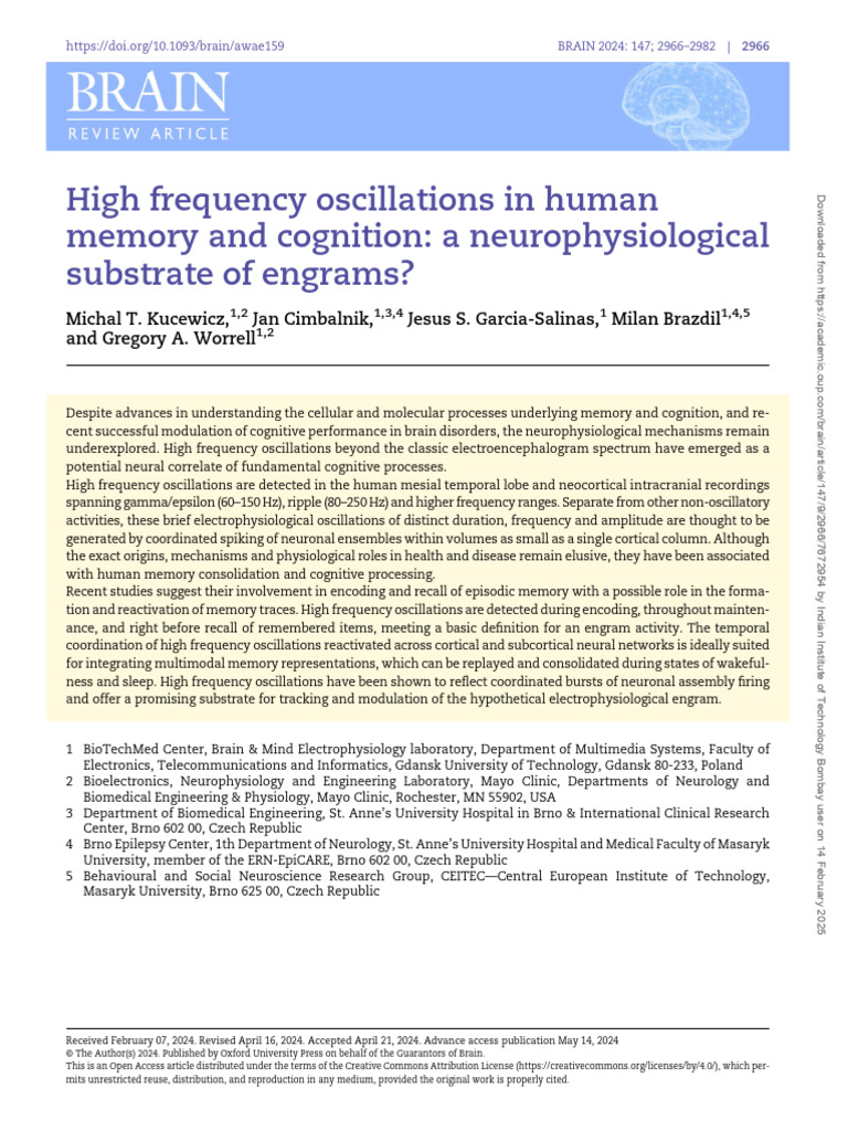 High Frequency Oscillations in Human Memory and Cognition, A Neurophysiological Substrate of ...