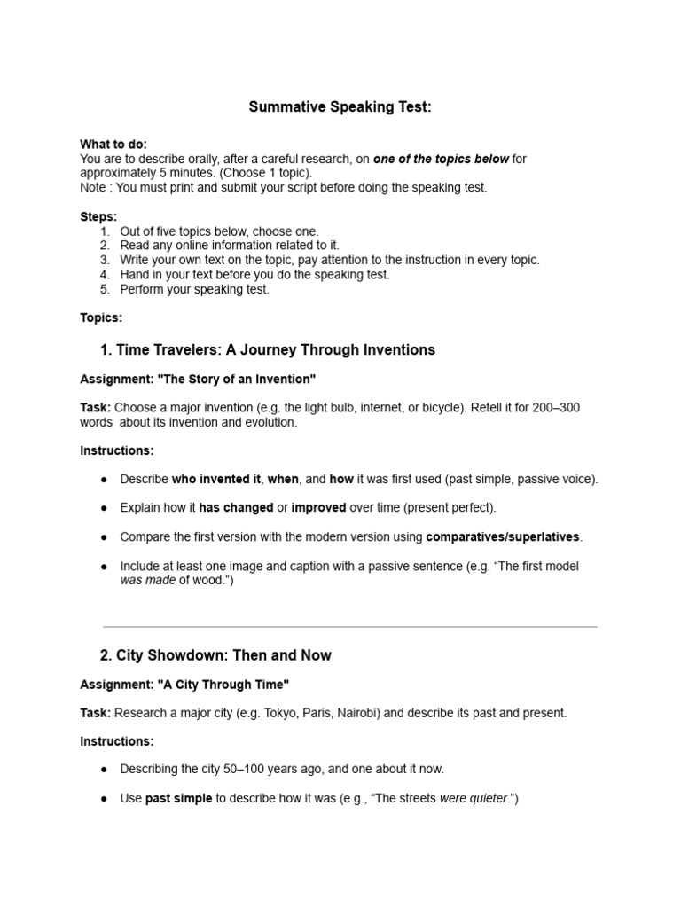 Summative Speaking Test Guidelines | PDF