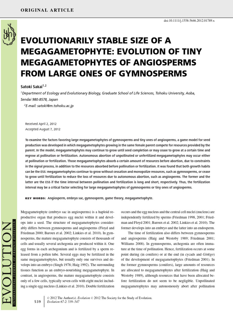 Evolution - 2012 - Sakai - EVOLUTIONARILY STABLE SIZE OF A MEGAGAMETOPHYTE EVOLUTION OF TINY ...