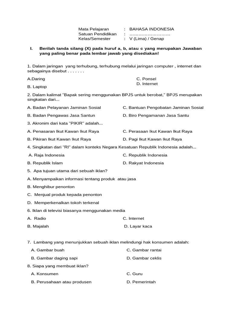 Soal Kls 5 B INDONESIA | PDF