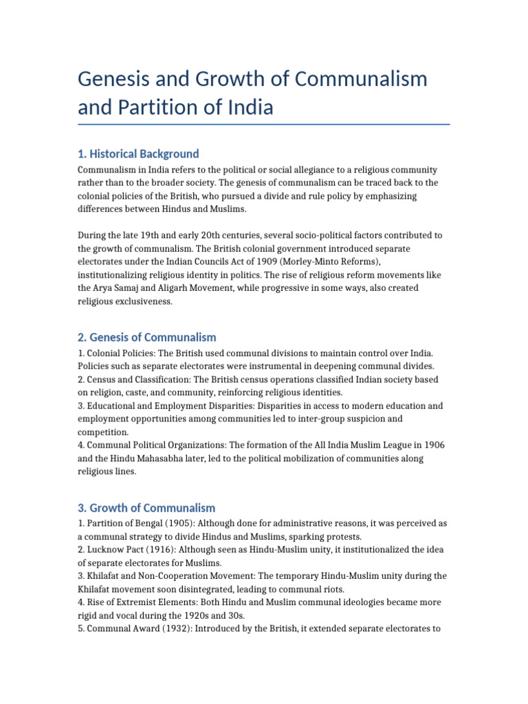 Communalism and Partition of India | PDF | Partition Of India | All ...